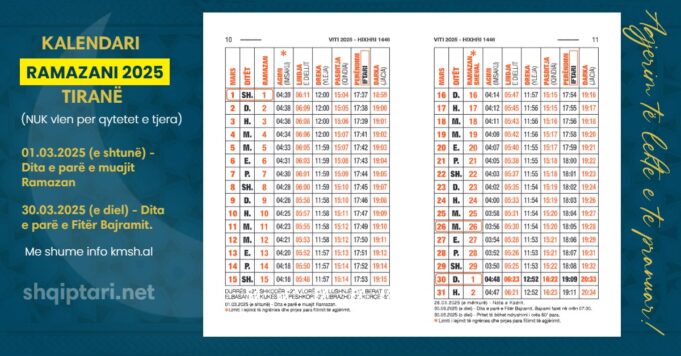 Kalendari i Ramazanit 2025 - Vaktia e Ramazanit - Portali shqiptari